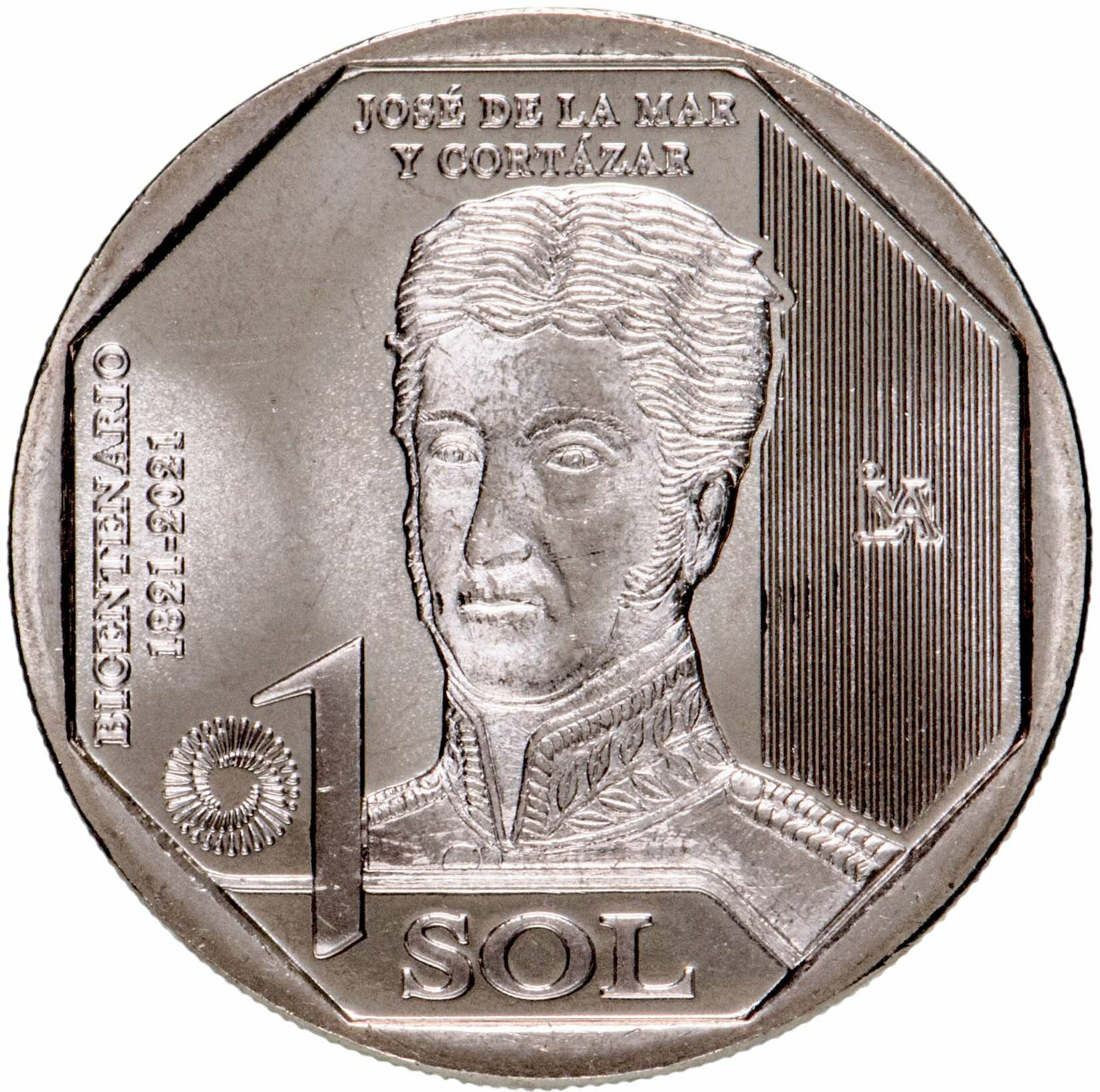 Перу 1 соль sol 2023 "200 лет Независимости - Хосе де ла Мар и Кортасар", МНЦ медь-никель-цинк, в сохранности UNC