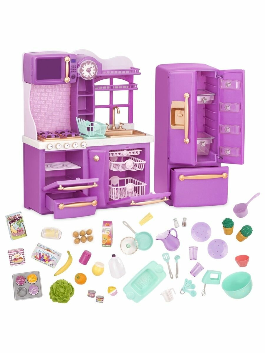 OUR GENERATION Игровая кухня с аксессуарами сиреневая 71 предмет для кукол 46 см