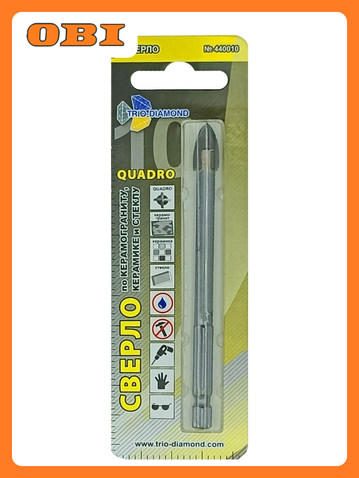 Сверло по керамике и стеклу TRIO-DIAMOND квадро 10 мм 440010