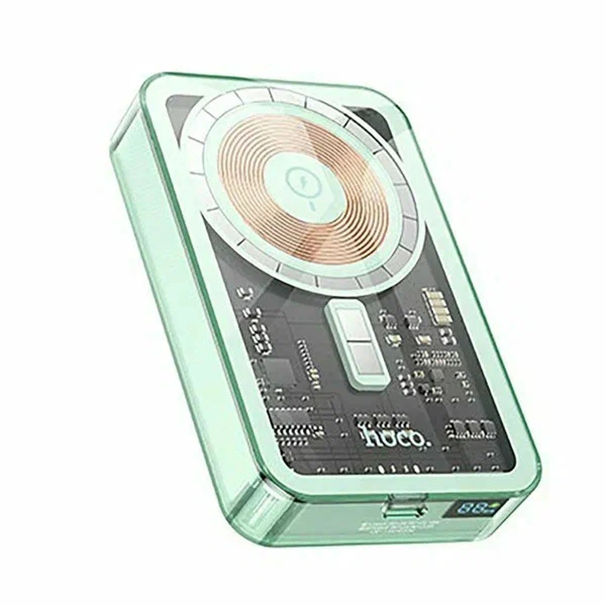 Магнитный аккумулятор с беспроводной зарядкой HOCO Q14A Ice Crystal, 10000 mAh, Qi 15W/PD 20W, Зеленый+Прозрачный