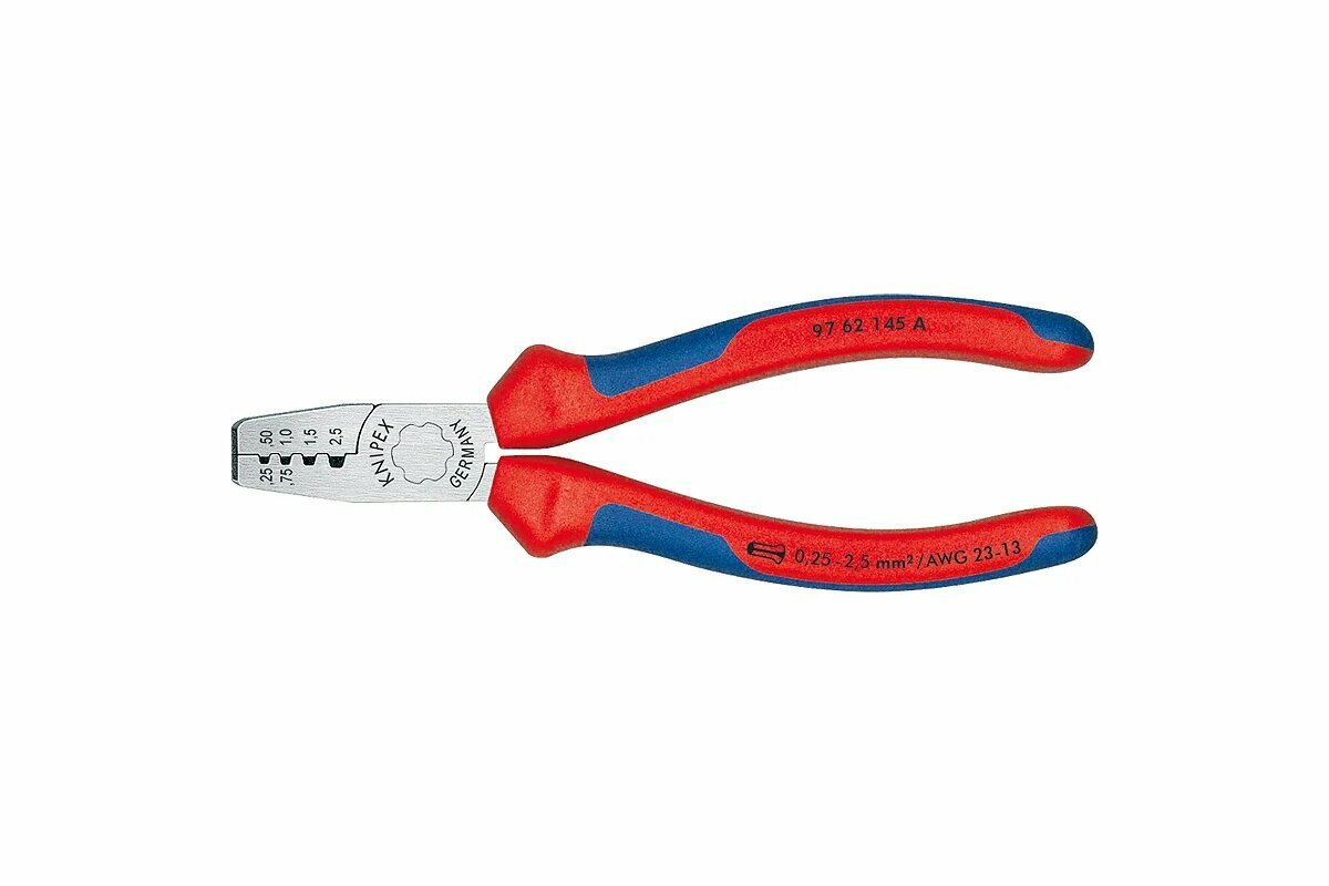 Пресс-клещи KNIPEX, 4 гнезда, контактные гильзы DIN 46228 1+4, 0.25-2.5 мм², 145 мм, 2-комп ручки