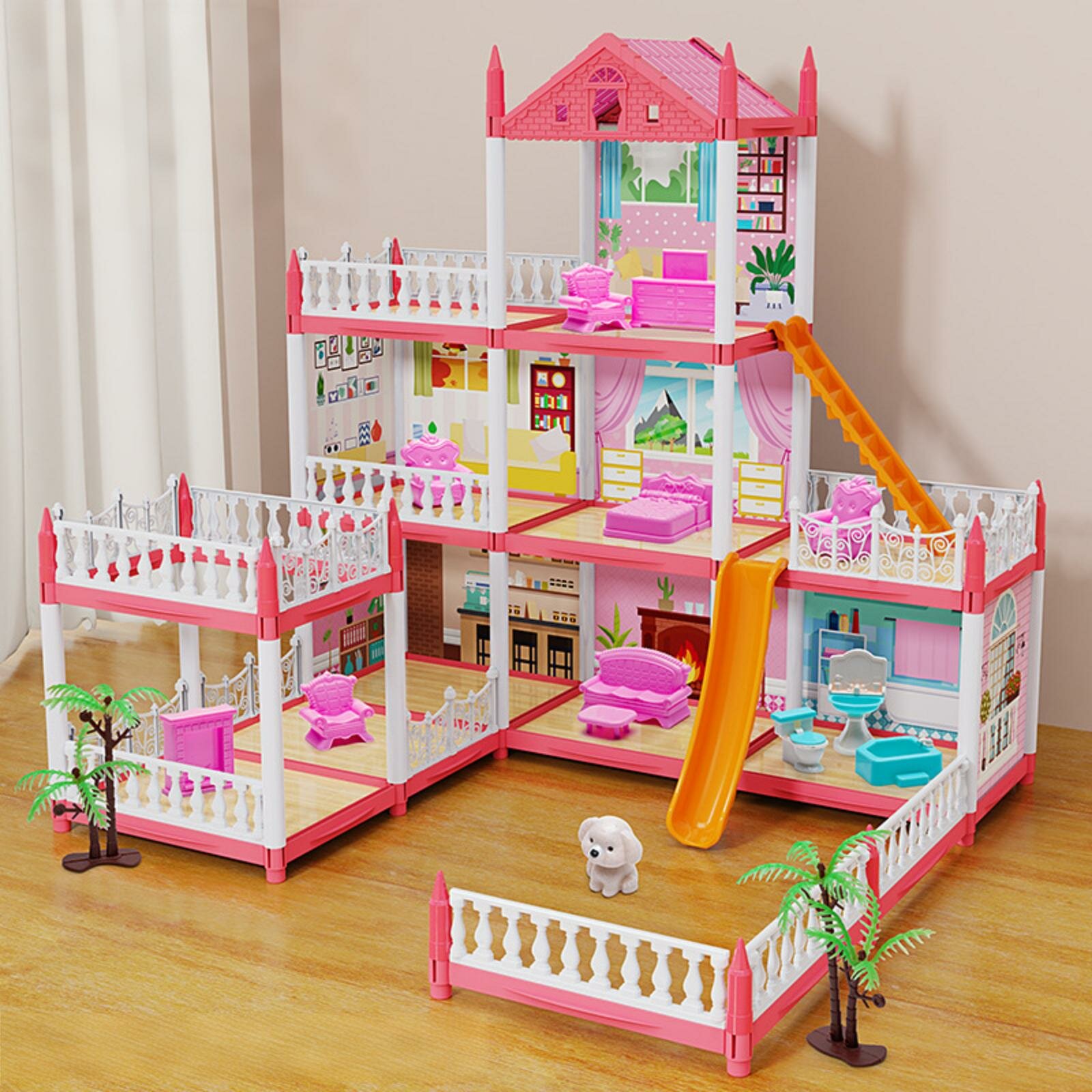 Детский игрушка домик вилла кукольный дом (розово-красный, 7 комнат + 3 этажа + 3 террасы), 3-этажная, ABS + Толстая картонная, для сборки, 3+ года, 46x30x35 см, с куклами, щенком, кроватью, диваном, горкой, пальмой, светом