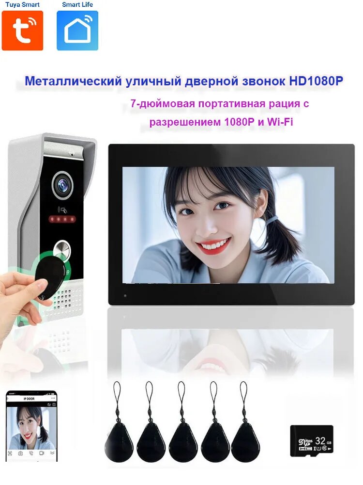 7-дюймовый видеодомофон с сенсорным экраном, IC-картой и водонепроницаемой металлической панелью