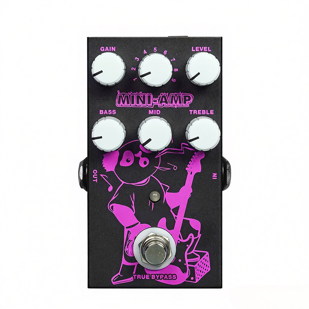 Гитарный педальный эффектор MINI-AMP электрогитарный звуковой процессор с имитацией динамика, Gain, TYPE, LEVEL, BASS, MID, TREBLE, USB, 9V DC, 1/4" вход/выход, фут-свич, LED, 1 шт.