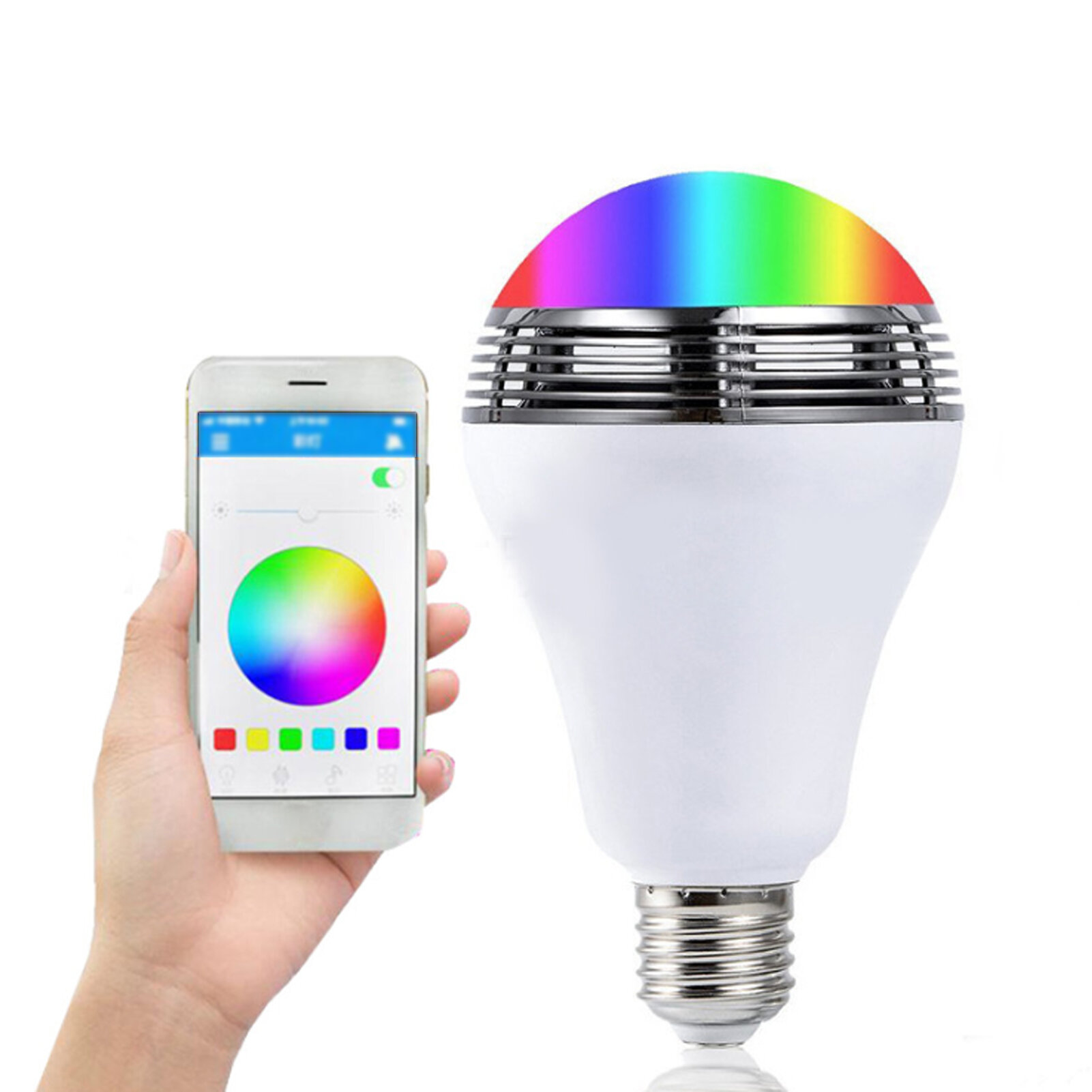 Лампочка светодиодная E27 BT умная с дистанционным управлением через приложение, регулировка яркости и цвета, функция таймера, воспроизведение музыки, мощность белый свет 8Вт, цветной 3Вт, статическая мощность 0.38Вт, световой поток 350-380Лм, чип BT