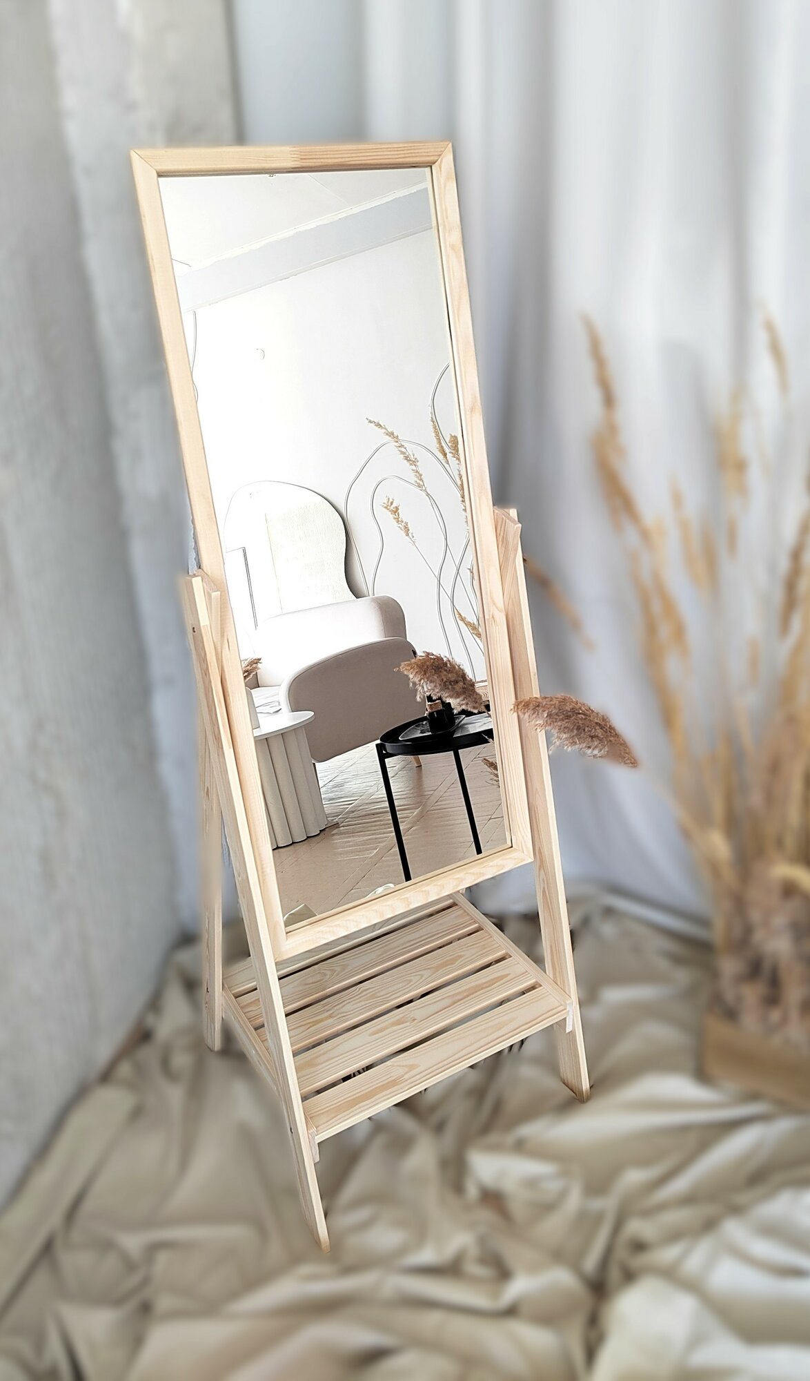 Зеркало напольное "Натуральное дерево", в полный рост, с полочкой, 150x46 см