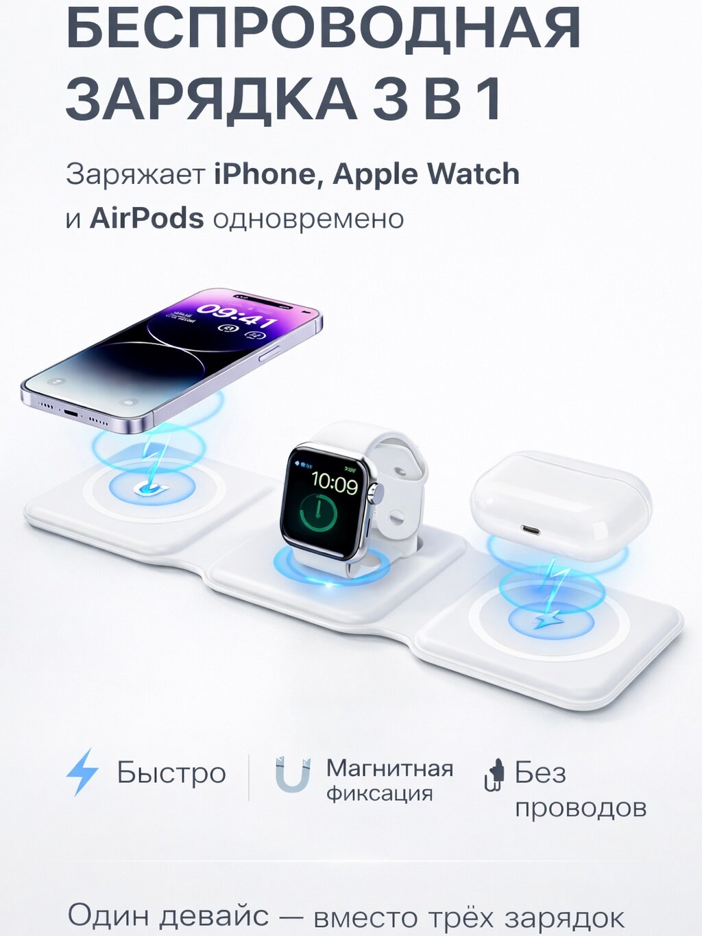 Беспроводная зарядная станция 3-в-1 для iPhone, Apple Watch и AirPods: складная, для города и путешествий