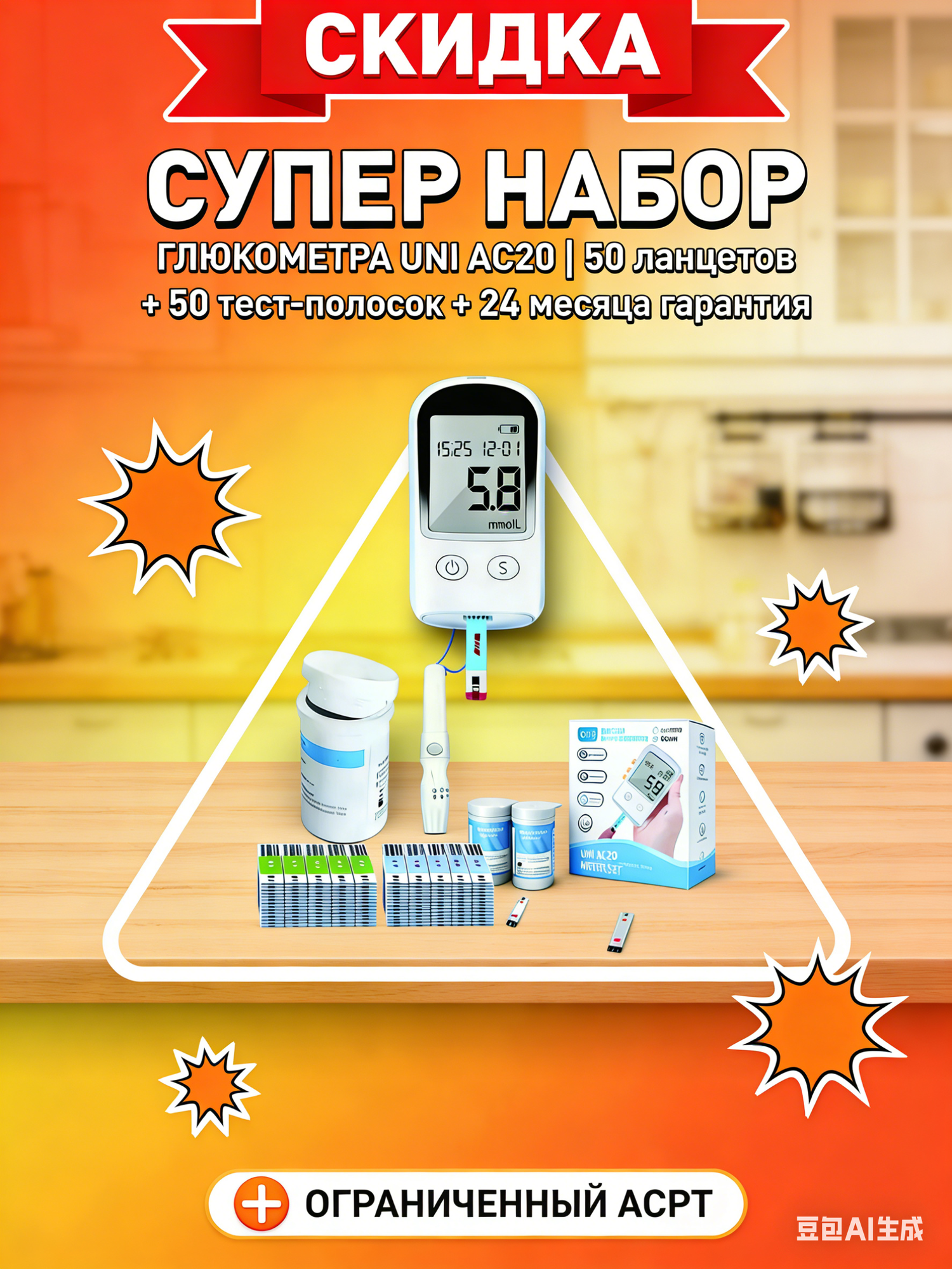 Глюкометр с прокалывателем и ланцетами в наборе, измеритель сахара в крови, мониторинг глюкозы при диабете