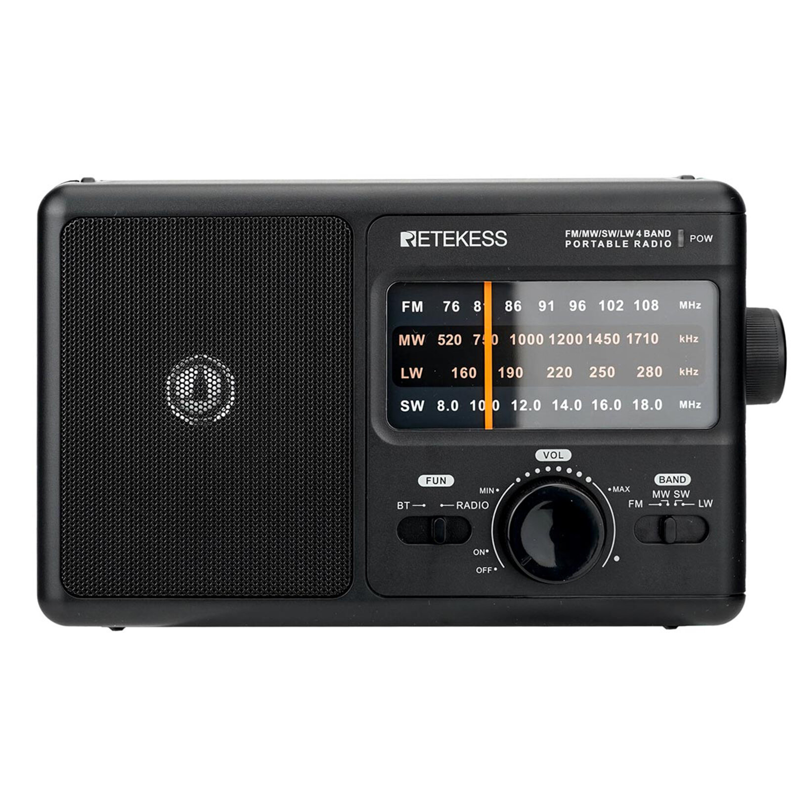 Радио переносное Retekess TR626 AM FM SW LW для пожилых с батарейным и сетевым питанием многофункциональное черного цвета с диапазонами FM 76.0-108.0MHz, AM 520.0-1710.0KHz, LW 160-280KHz, динамиком 3.5 дюйма 8Ω 2W, питанием 4 батарейками UM-1 или AC