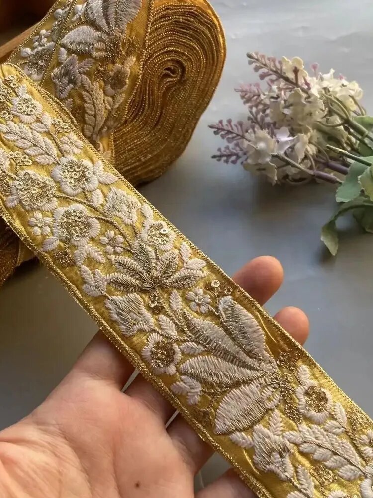 Тесьма лента трикотажная, 4.5 см, 2 метра Тесьма декоративная, с народным узором, для декора, рукоделия и творчества, жёлтый