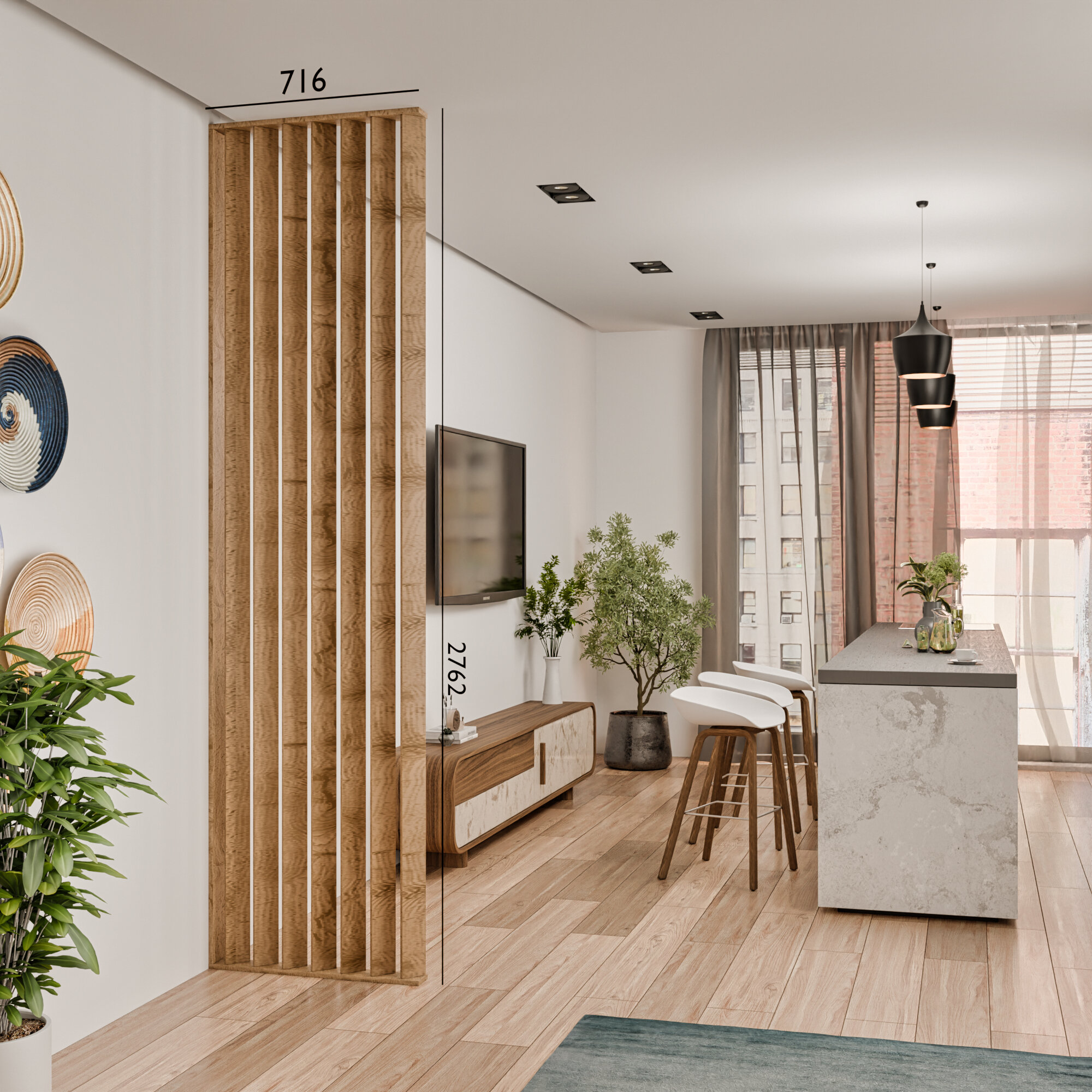 Реечная перегородка для зонирования пространства шириной 72 см