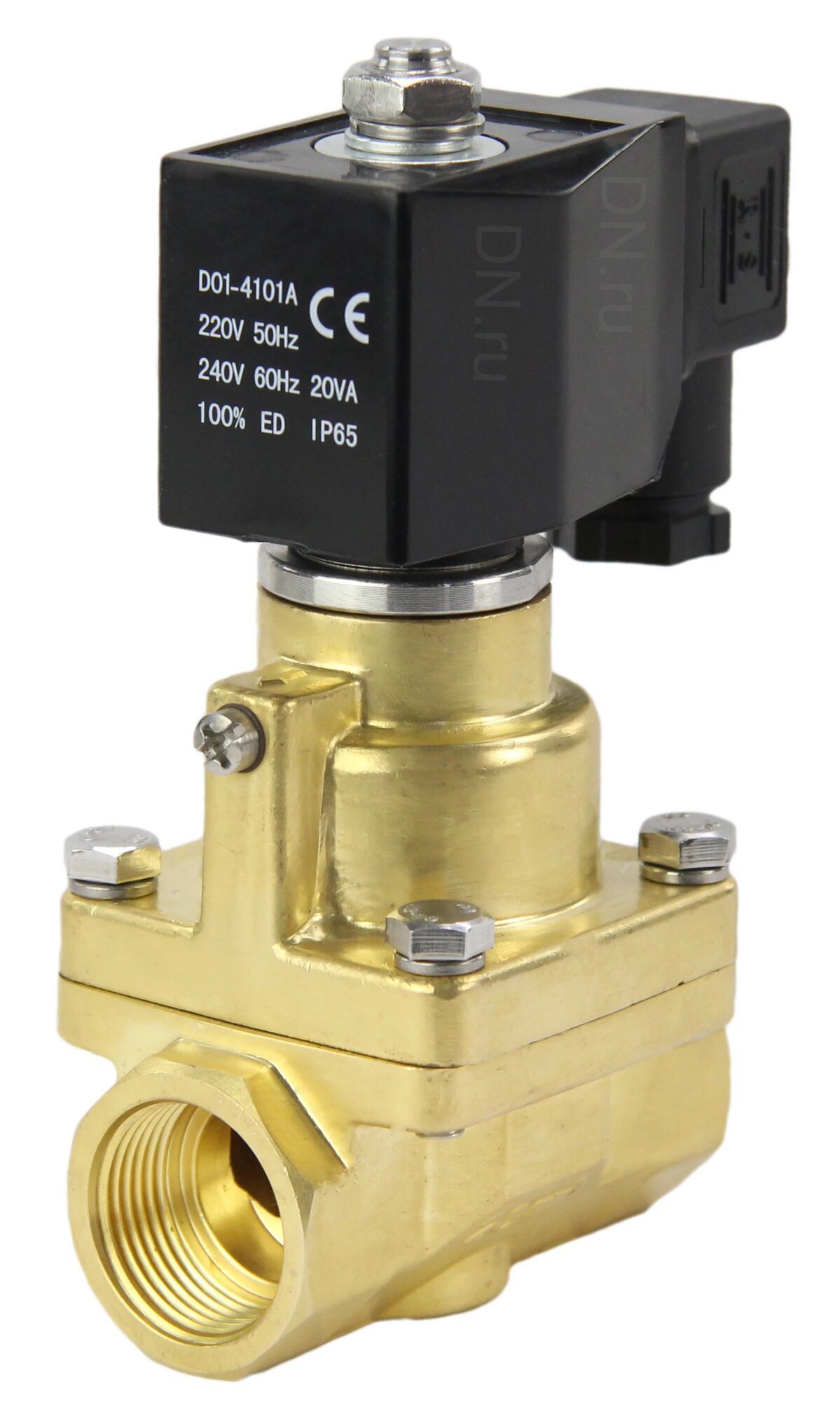Клапан электромагнитный соленоидный двухходовой поршневый DN. ru-V2W-1000P-NC Ду32 (1 1/4 дюйм), Ру0.4-16 корпус - латунь, уплотнение - PTFE, резьба G, с катушкой 220В