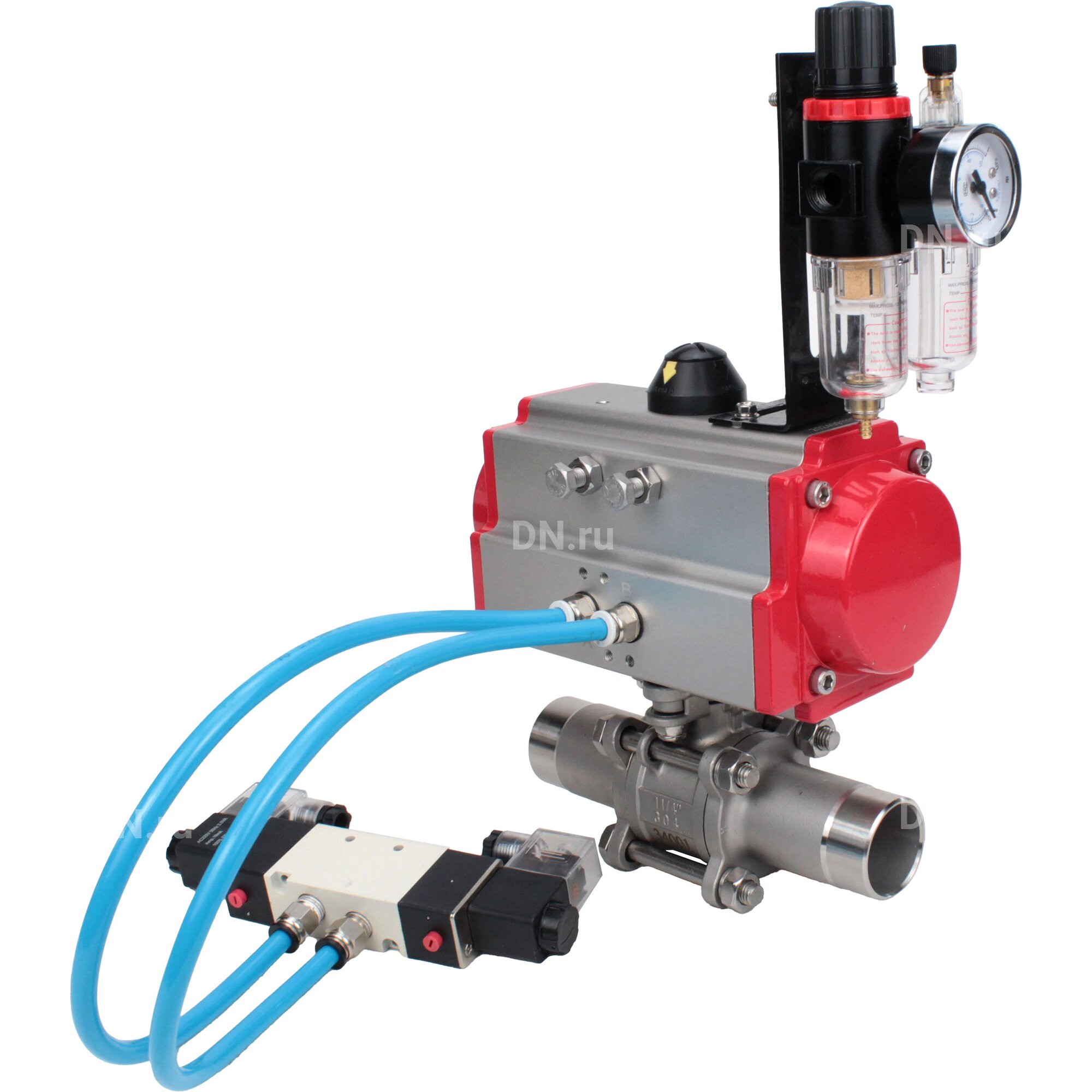 Кран шаровой DN.ru 304-304-PTFE-W-ISO-H Ду50 Ру40 полнопроходной, корпус - нержавеющая сталь 304, уплотнение - PTFE, под приварку, с пневмоприводом DA-083, пневмораспределителем PND1-S2EM-52-2-T10-220VAC и БПВ APU1-10-40-V08
