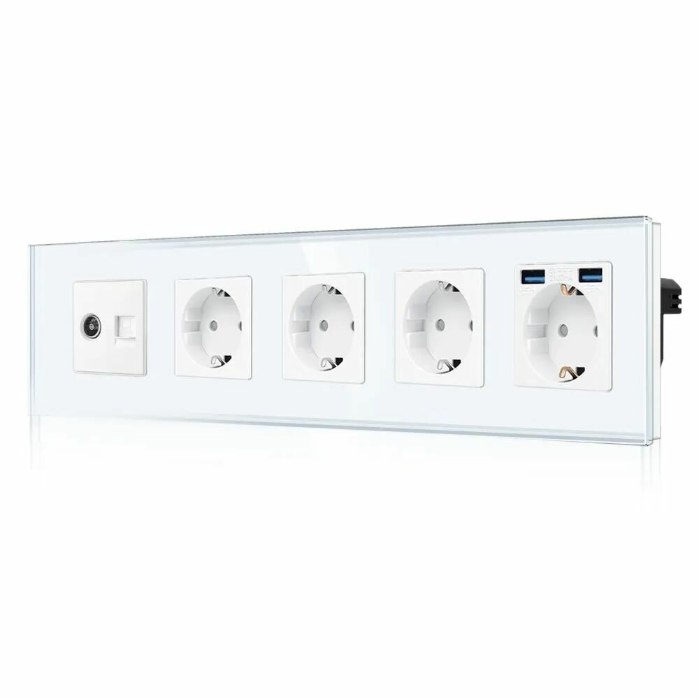 Розетка 4-постовая с USB, интернет, ТВ, стеклянная рамка, 16А, 250В, 370 мм