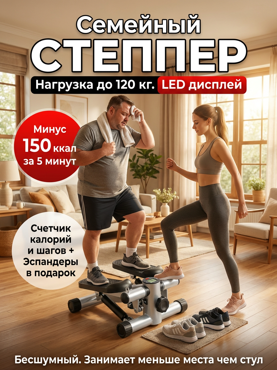 Степпер тренажер для похудения поворотный с эспандерами, нагрузка до 150 кг