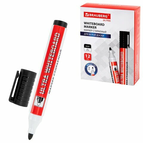 Маркер стираемый для белой доски черный, BRAUBERG "ULTRA WHITEBOARD MARKER", 3 мм, с клипом, 152634