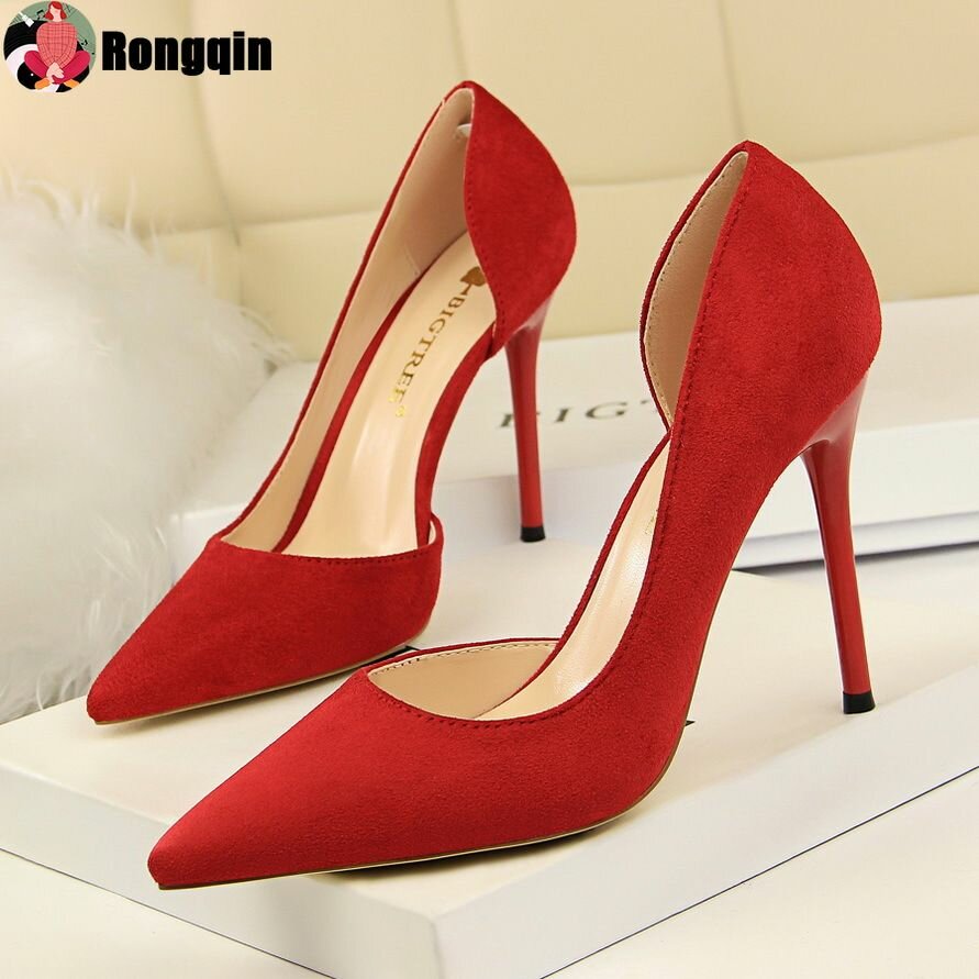 Женские простые замшевые туфли на шпильке в европейском и американском стиле с острым носком и пикантными высокими каблуками