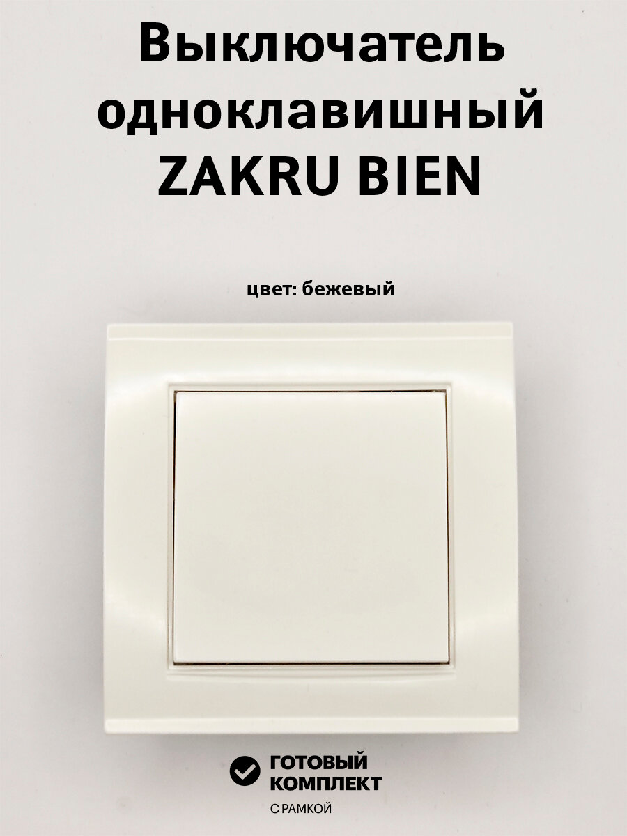 Выключатель Zakru BIEN, одноклавишный, бежевый, скрытый монтаж, IP20