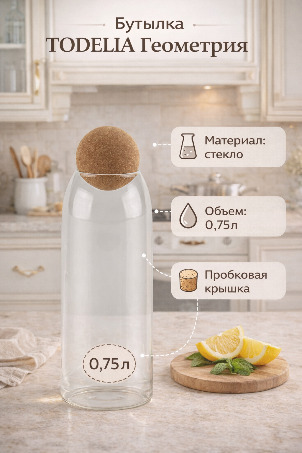Бутылка TODELIA "Геометрия", объем: 0,75 л, с пробковой крышкой, материал: стекло