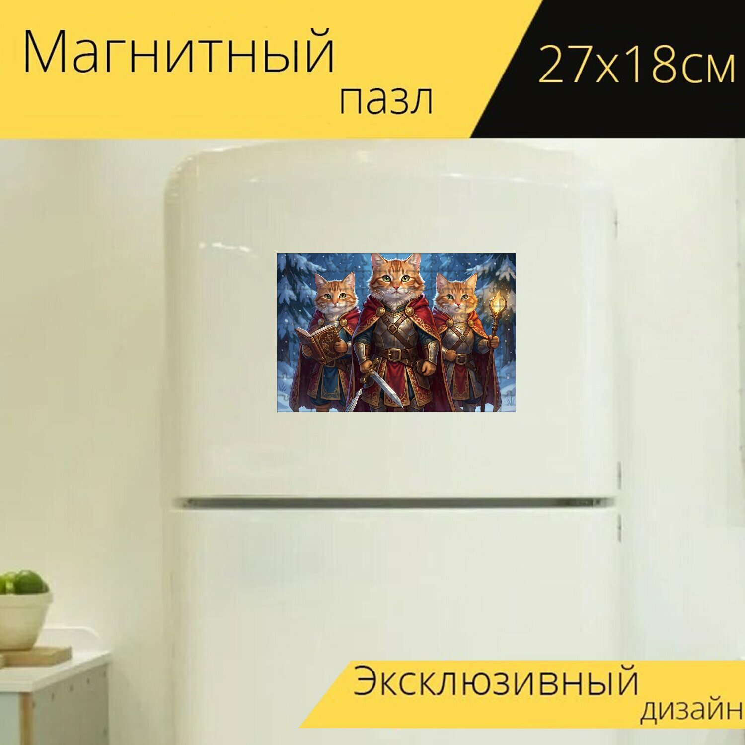 Магнитный пазл "Три кота-магa в лесу. Фэнтезийная зимняя сцена с тремя рыжими котами в рыцарских мантиях: книга заклинаний, меч и факел. Синие ночные." на холодильник 27 x 18 см.