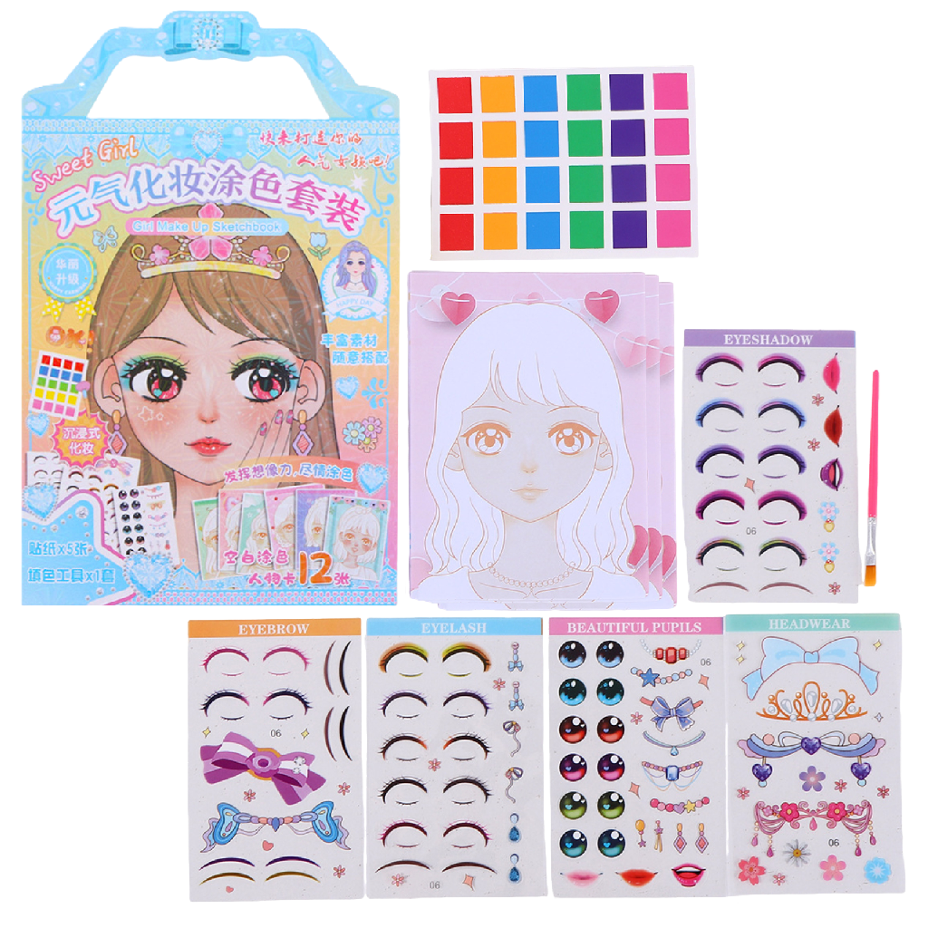 Детский набор для макияжа: 12 Раскрасок и 5 Листов 3D-Наклеек с Акварельными Красками - Развивает Творчество и Моторику Портативный набор для рисования принцесс с Удобной Ручкой для Девочек от 3 лет