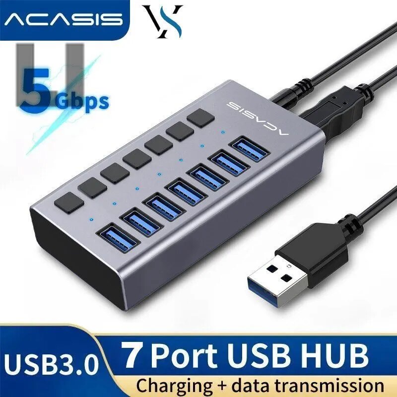 ACASIS USB-концентратор 7 портов USB 3.0 с зарядкой и передачей данных, алюминиевый корпус для Apple и Dell — фото 1