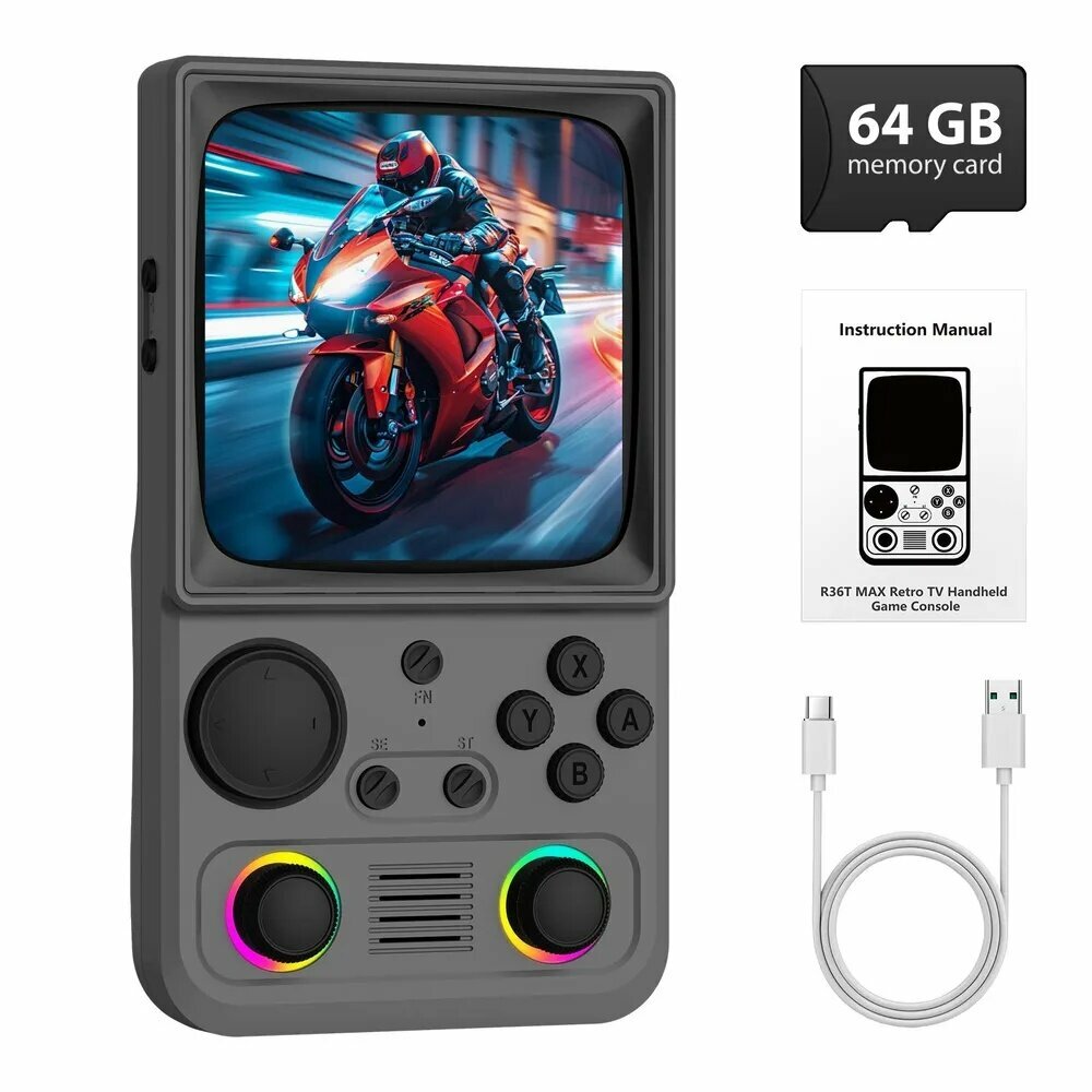 AISLPC Игровая консоль R36T MAX, 4,0-дюймовый ЭЛТ-экран в стиле ретро, 4000 мАч,64G, поддержка Wi-Fi, серый