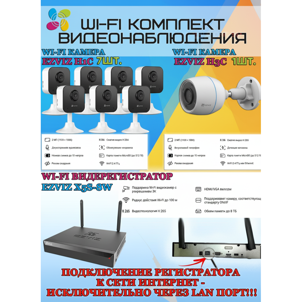 Wi-Fi Комплект видеонаблюдения EZVIZ на 8 камер видеонаблюдения - 2Мп Full HD 1920x1080P (CS-X5S-8W + 1хCS-H3c + 7хCS-H1c) 2.4 ГГц IP67, Двусторонняя аудиосвязь, ИК до 30м, угол 125гр