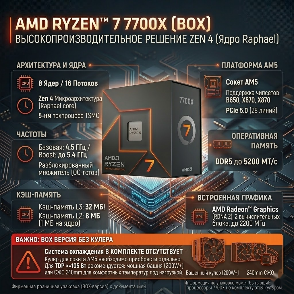 Процессор AMD AM5 Ryzen 7 7700X Box (без кулера) 100-100000591 AMD Radeon GPU 4.5(5,4)GHz, 8core, 32MB 105Вт