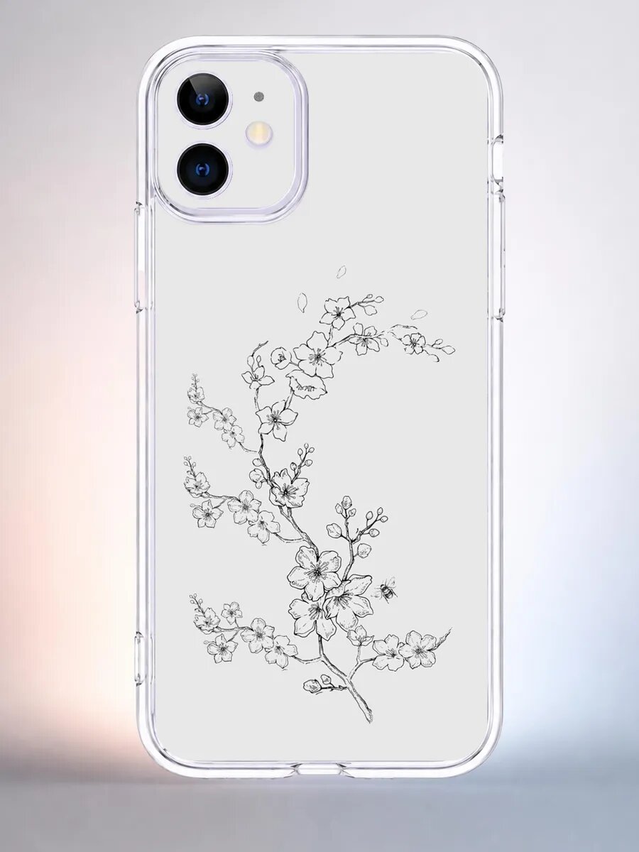 Чехол iPhone 11 сакура с пчелой силиконовый прозрачный