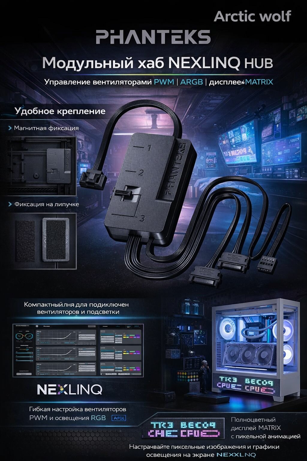 Phanteks NEXLINQ HUB - Контроллер RGB подсветки для ПК, 3 порта, магнитное крепление