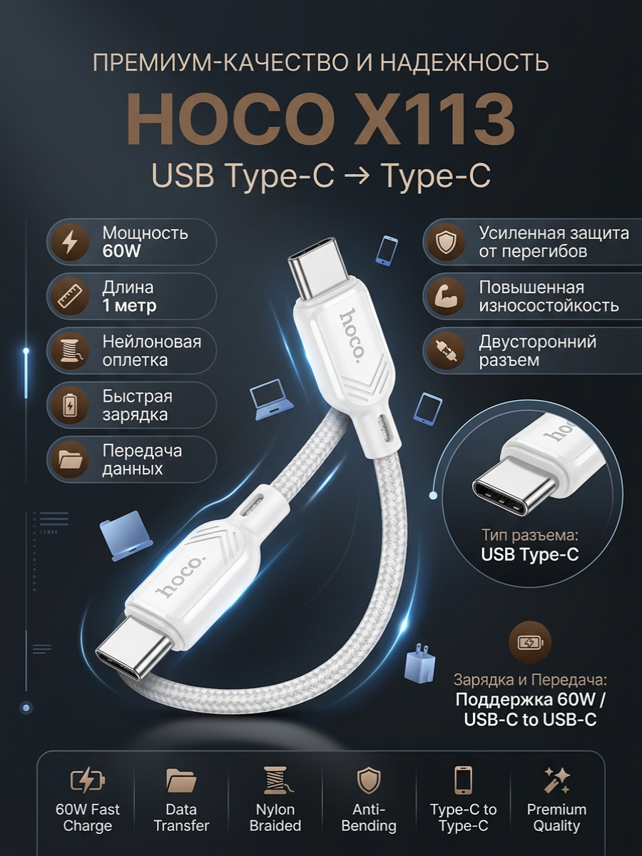 Кабель нейлоновый HOCO X113, Type-C на Type-C, быстрая зарядка 60W, Quick Charge 3.0, 1 метр, Premium белый