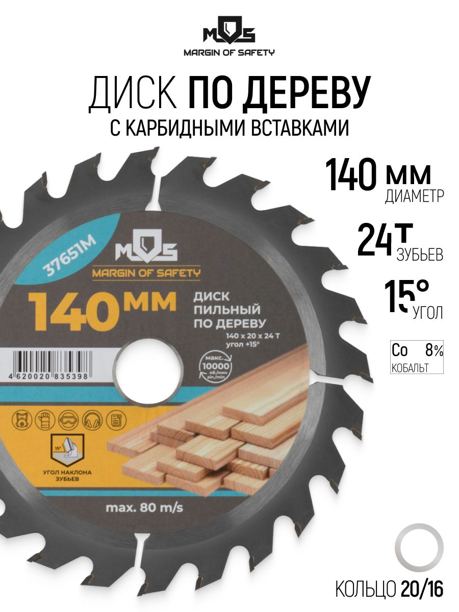 Диск пильный по дереву 140 х 20 х 40T + кольцо 20/16 мм для циркулярной пилы твердосплавные зубья ВК8 карбид вольфрама угол 15