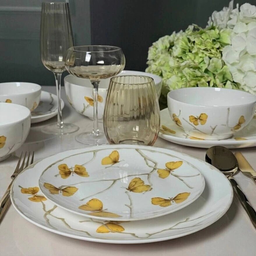 Обеденный сервиз на 6 персон 27 предметов LENARDI Collection тарелки, салатники, блюда, фарфор, белый/ желтый