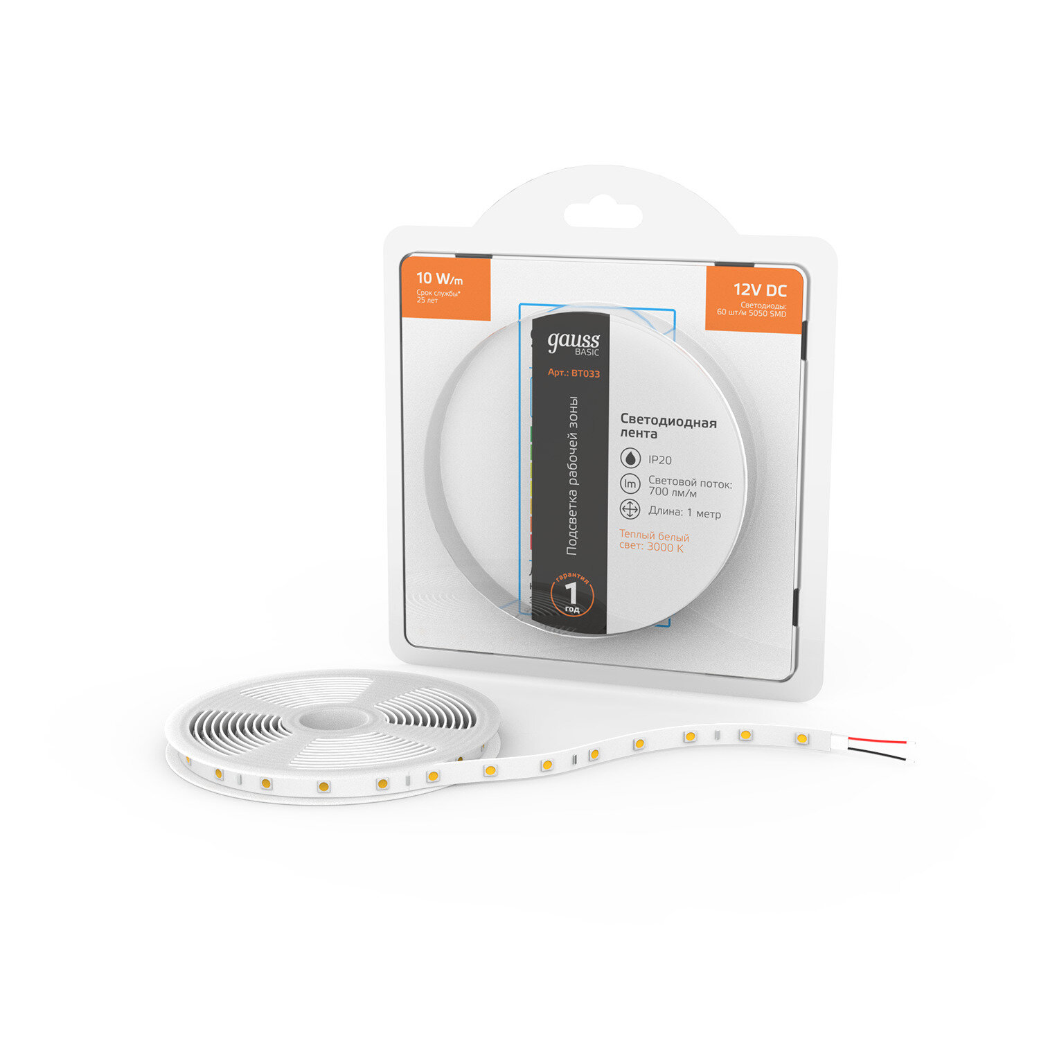 Gauss Лента Basic 12V 10W/m 700lm/m 3000K IP20 LED 1m 1/100 BT033