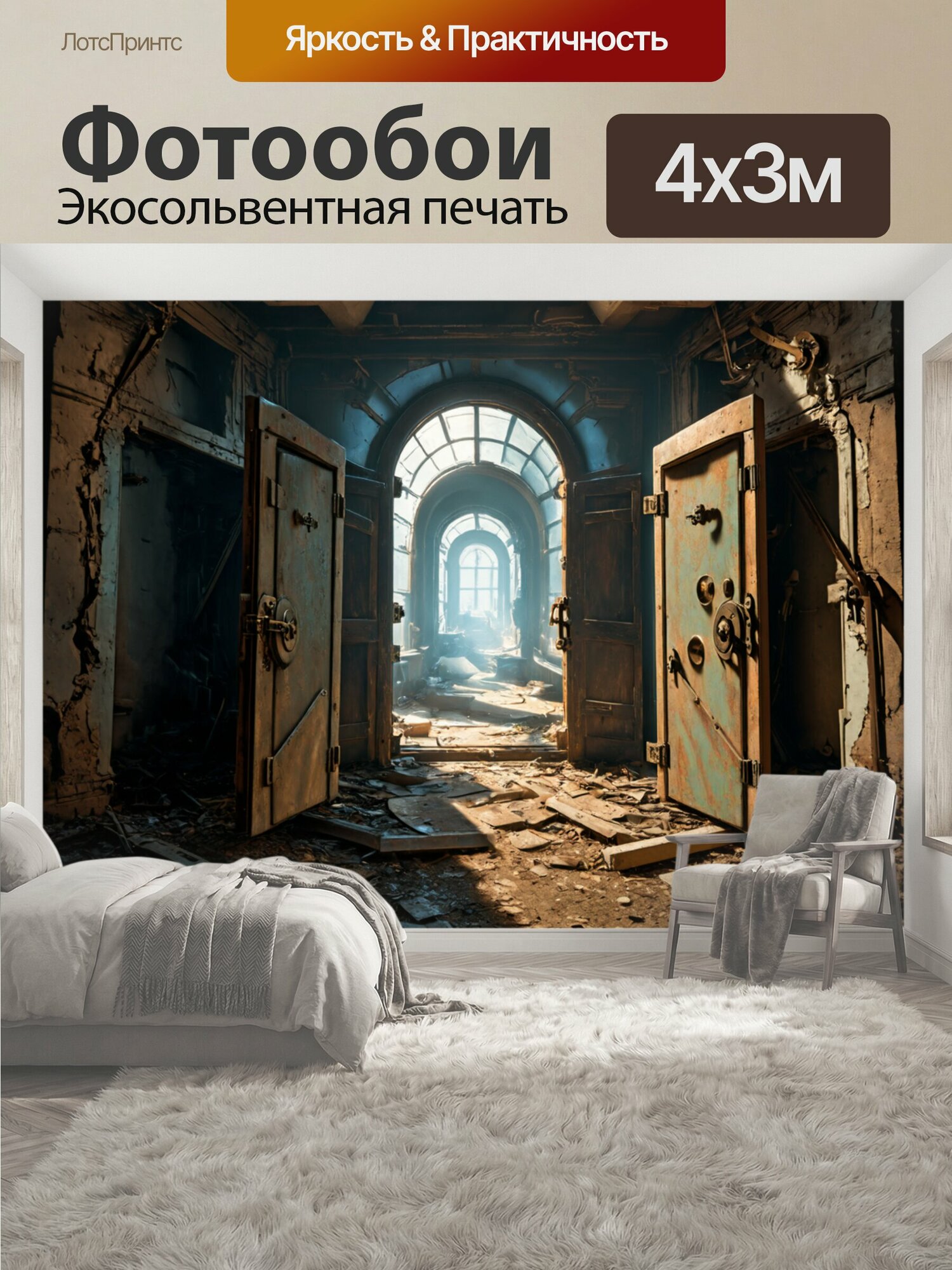Фотообои "Пейзаж пейзаж в стиле стимпанк, с потайными механизмами и скрытыми дверями в заброшенных зданиях" 400x300 см. экосольвентная печать