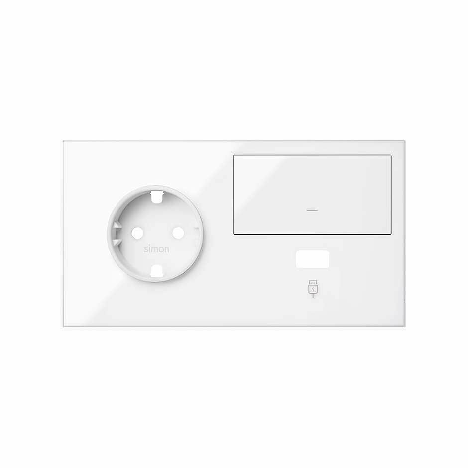 Simon 100 Белый глянец Кит 2 поста, фронт. Накладка на 1 розетку Schuko (слева) + 1 з/у USB SC + 1 клавиша выключателя, 10020207-130