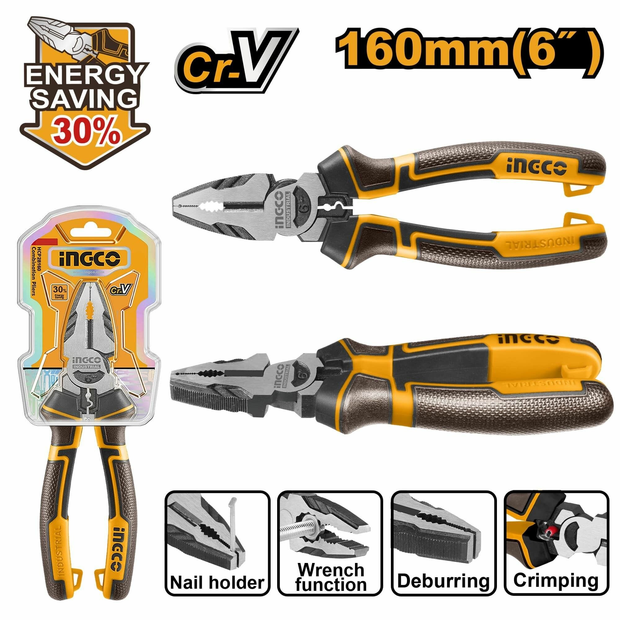 Плоскогубцы INGCO SUPER INDUSTRIAL HHCP28160, комбинированные, режущие кромки, 16 см