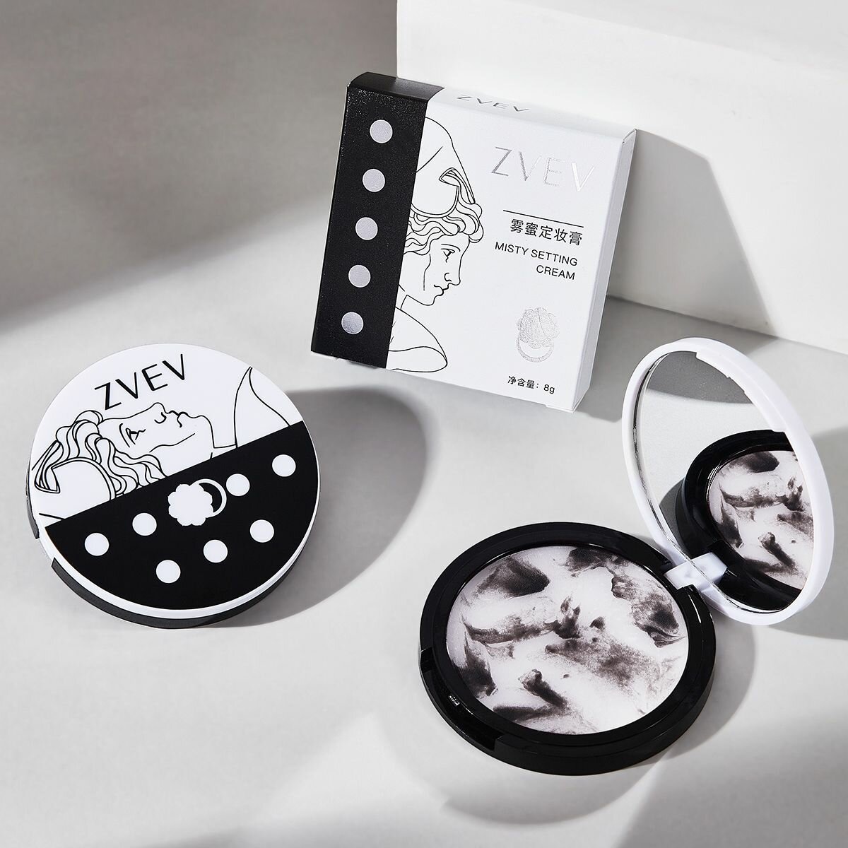 Бесцветная матирующая пудра для лица "Zvev" в чёрно-белом дизайне