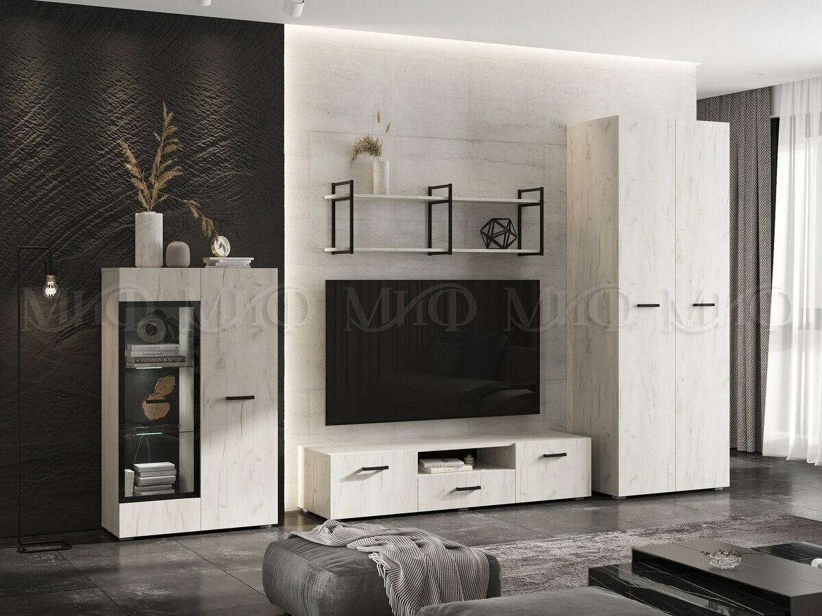 Модульная стенка в гостиную "Нэнси" LOFT Дуб крафт белый МИФ, Подсветка в комплекте