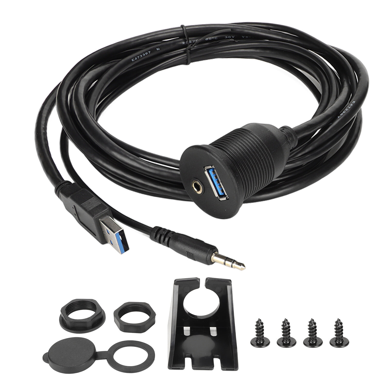 2m Car Mount Flush Cable USB 3.0 AUX DC 3.5mm Port Car Mount Flush Cable for Car Boat Motorcycle with LED Indicators