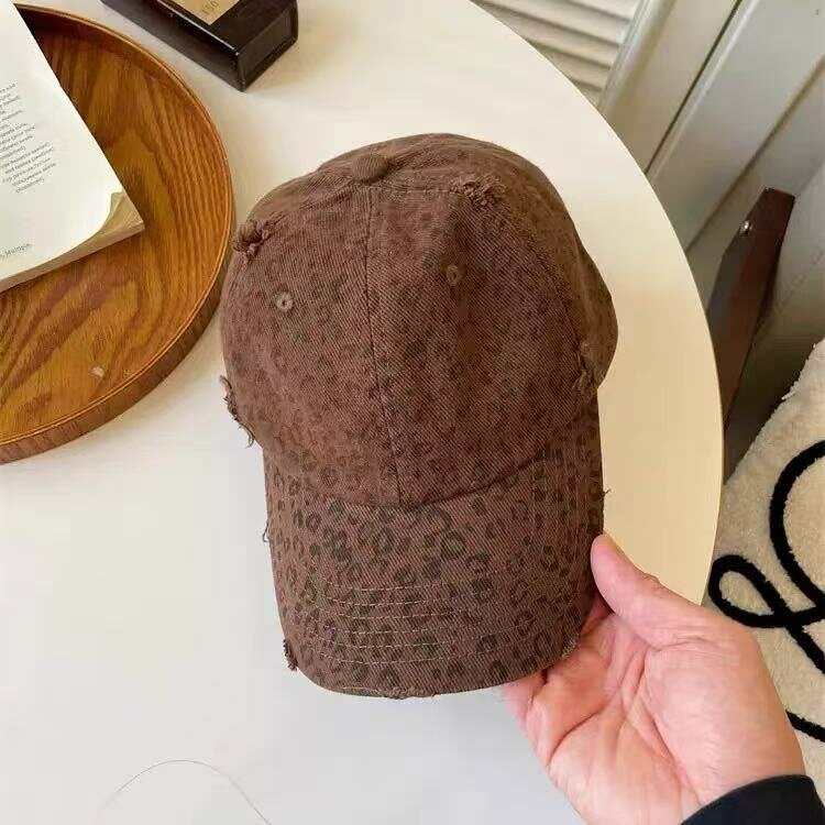 Бейсболка с длинными полями, рваная, в стиле ранней осени, стираная, старая, с леопардовым принтом, для женщин, универсальная, с изображением лица, маленькая кепка-утконос