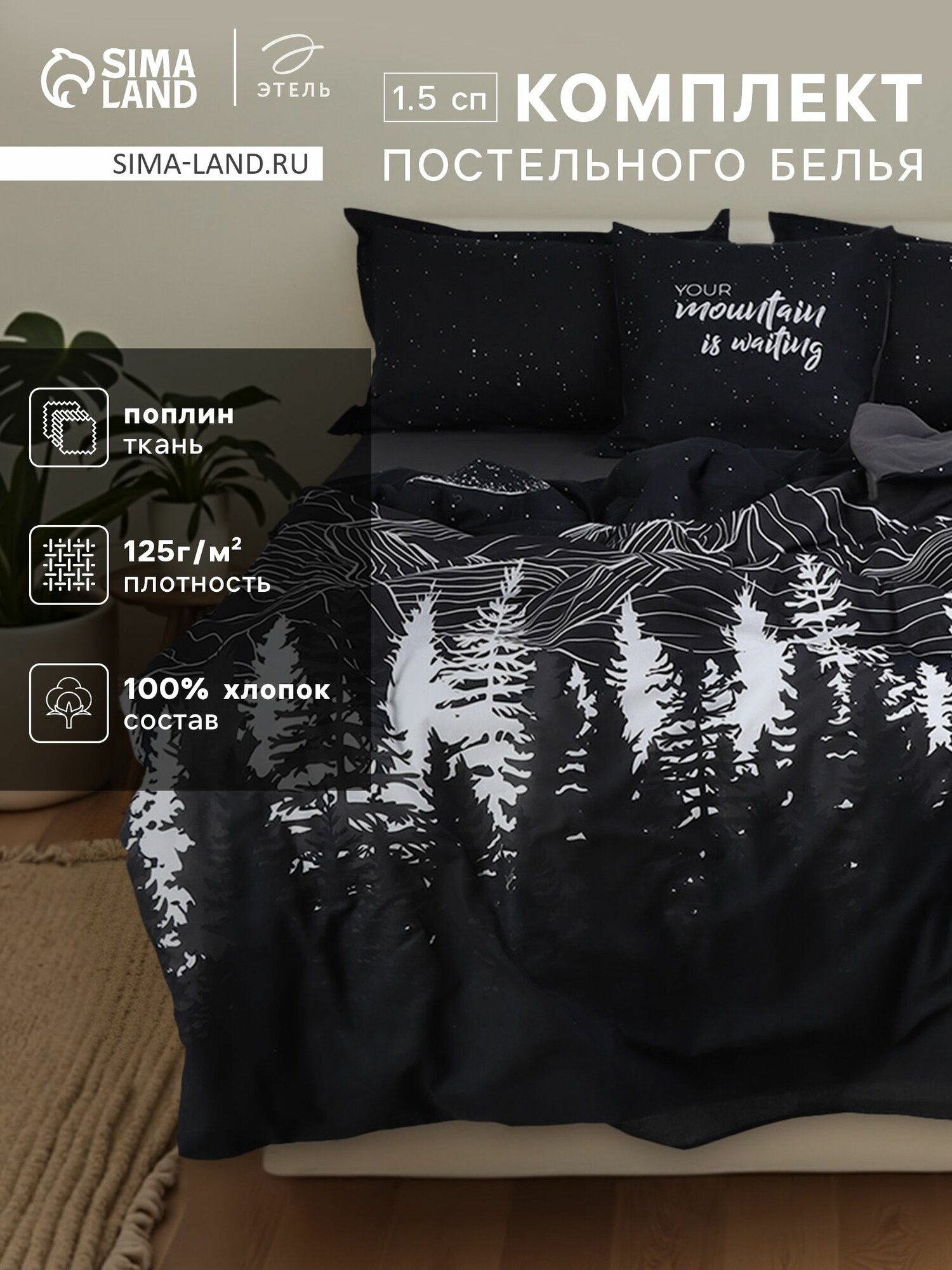 Комплект постельного белья Этель 1.5 сп Полярная ночь 143 215 см,150 214 см, 50 70 см -2 шт, поплин 125 г/м , хлопок 100%