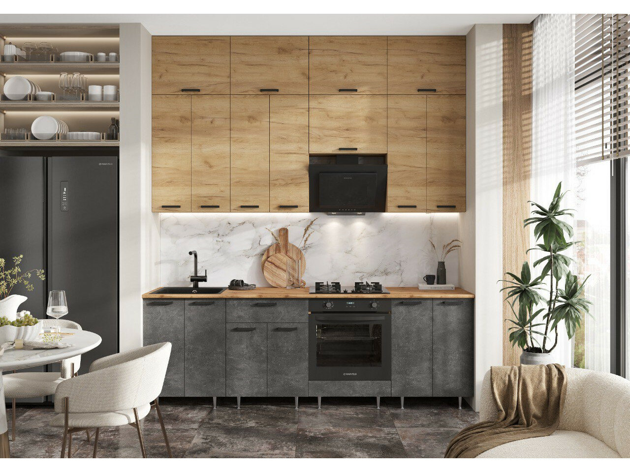 ЛДСП Кухня 2,4м, Компановка №3, Дуб Крафт/Бетон темный, Дуб Крафт (Дуб вотан)