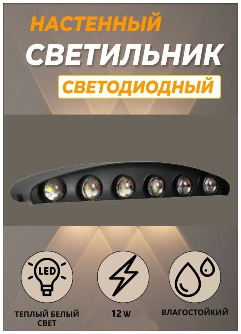 Светильник уличный, фасадный, светодиодный, SLBW-6D, Бра, 6 диодов, IP65, черный корпус, теплый белый