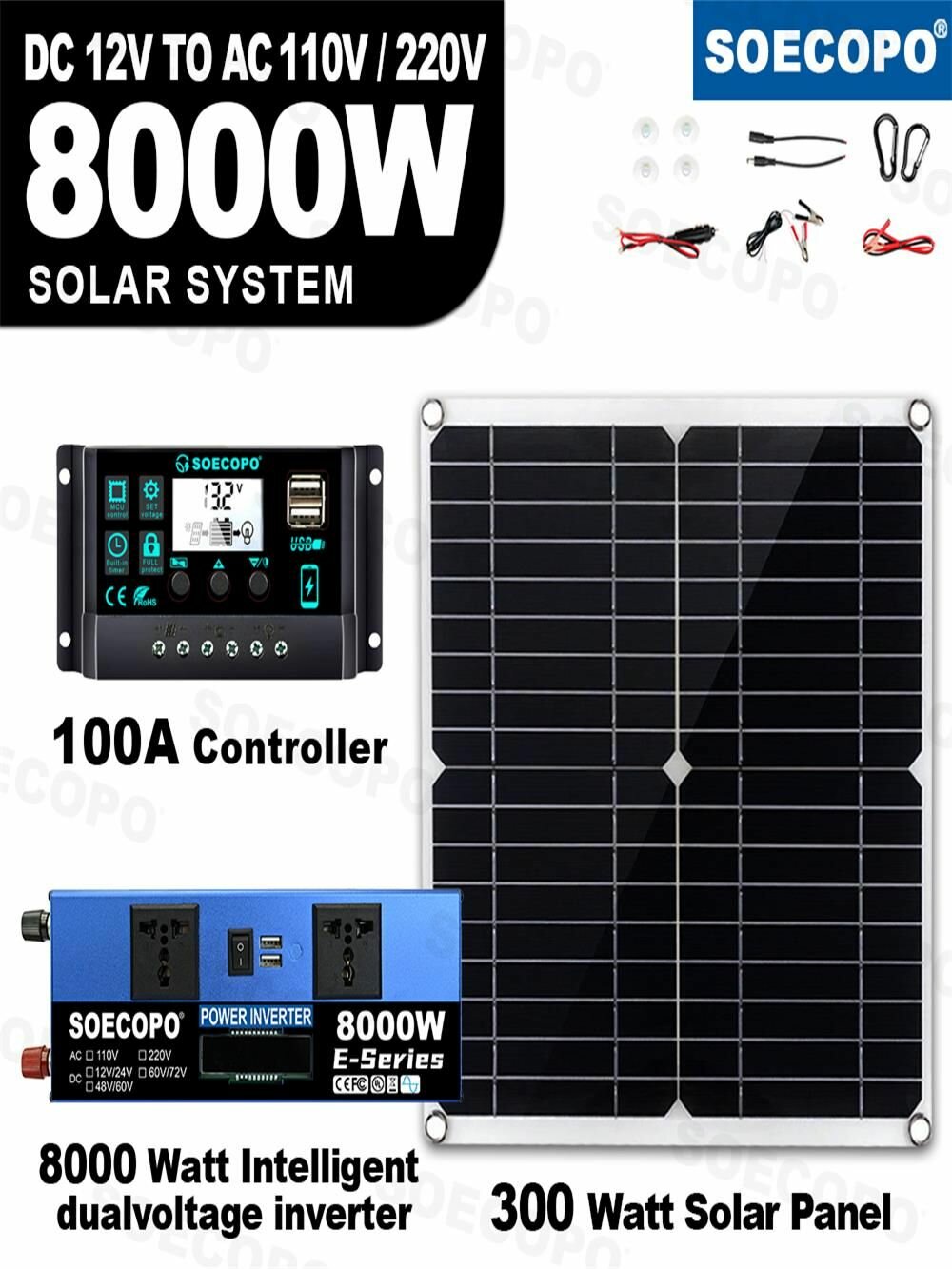 Soecopo 8000 Вт Солнечная система dc12v до ac 220v 100a mppt контроллер 300 Вт панель интеллектуальный инвертор для дома RV кемпинг ce rosh