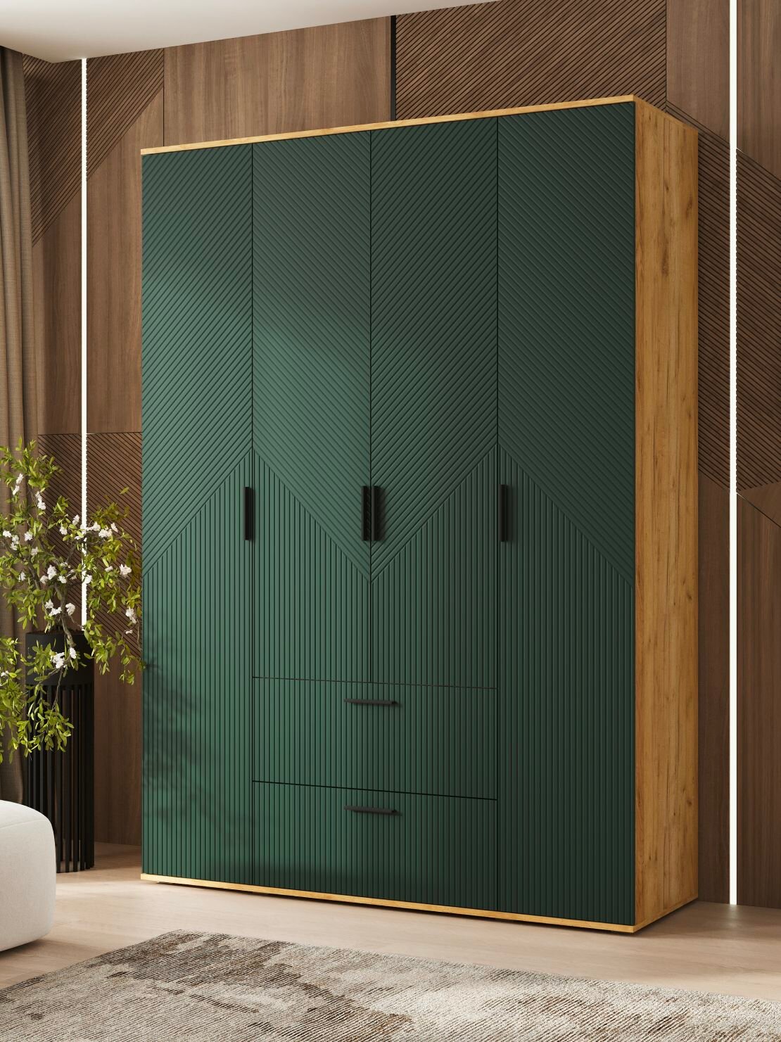 Шкаф распашной 4-створчатый Сильвия (160х223.6х51) Браш Мени Грин/Дуб Крафт