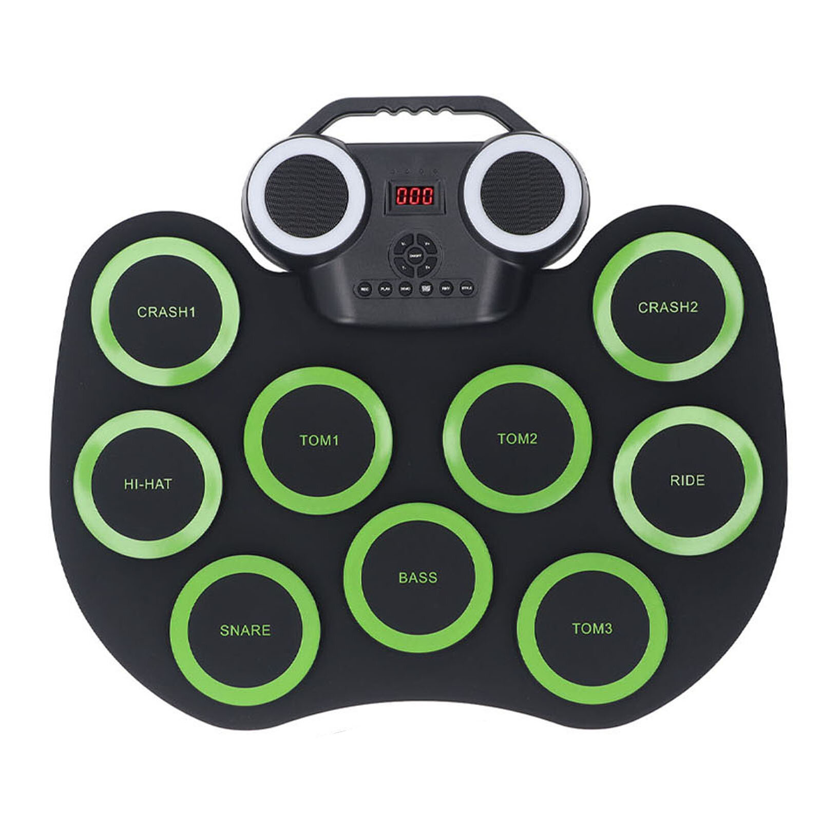 Электрический рулонный барабан Встроенный динамик 9 барабанных подушечек Перезаряжаемый барабан для раннего обучения Свертываемый питьевой барабан для праздника, дня рождения, зеленый