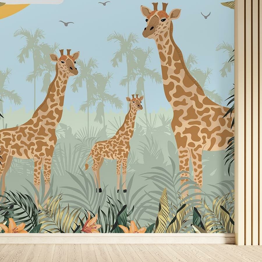 Фотообои семья жирафов 12-1590-S-Холст 270 x 200 см (ВхШ) Бесшовные, флизелиновые, влагостойкие обои MasterFresok
