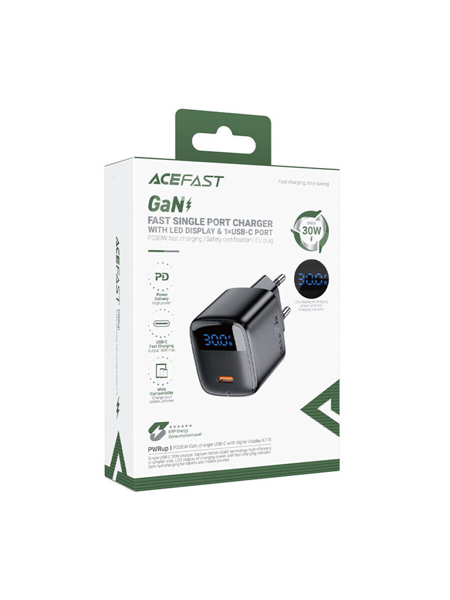 Сетевое зарядное устройство Type-C Acefast A115 (30W, PD, кабель Type-C-Type-C, GaN, с дисплеем) (черное)